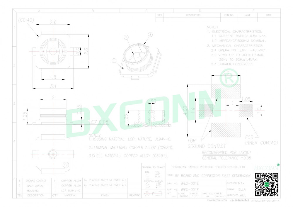 BXCONN IPEX-001E technical drawing preview