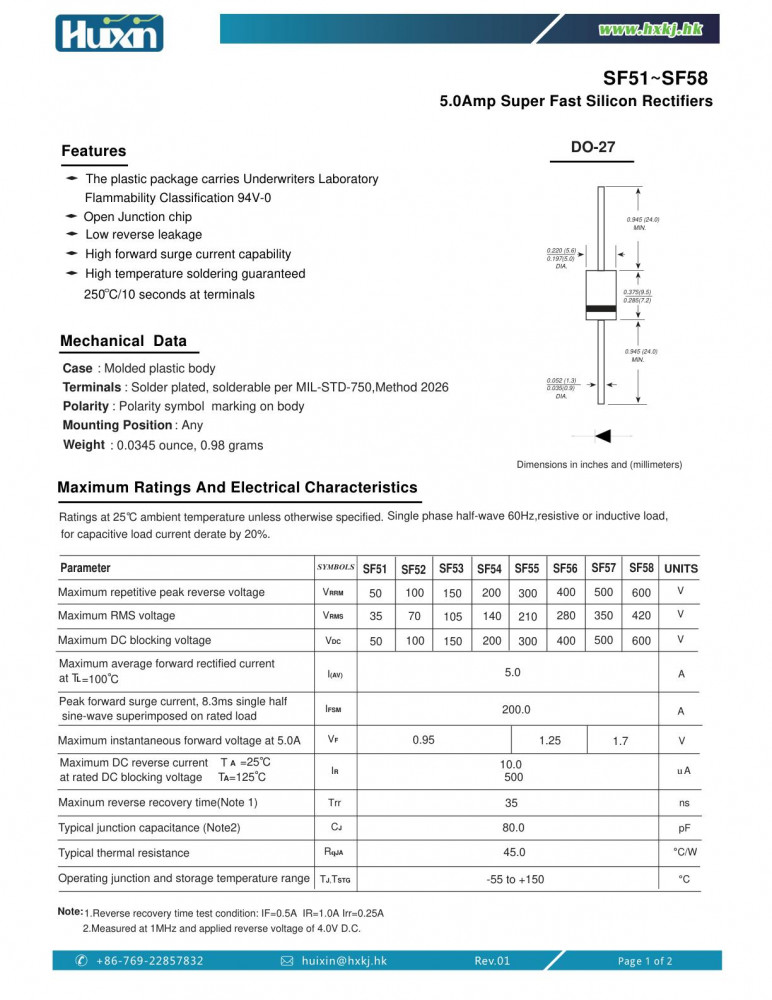 Huixin SF58 package drawing and electrical data