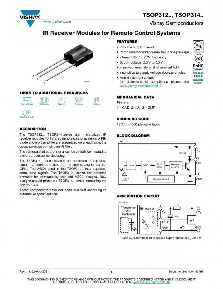 TSOP31233 datasheet page 1