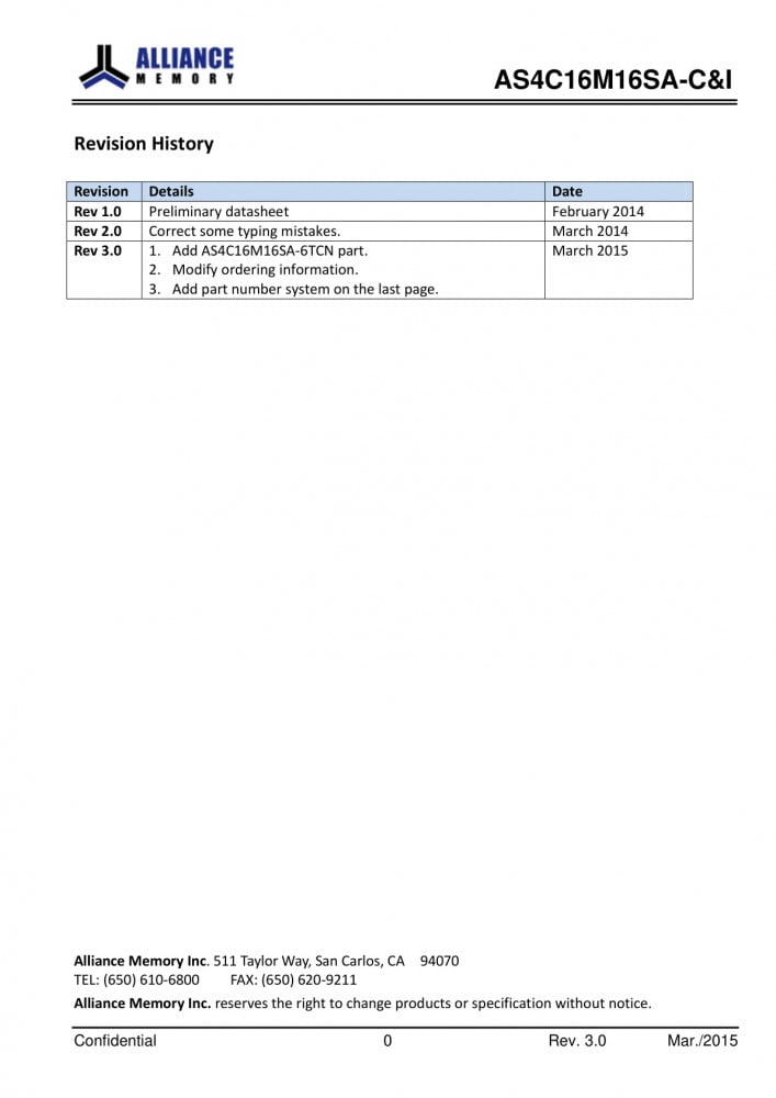 AS4C16M16SA datasheet page 1