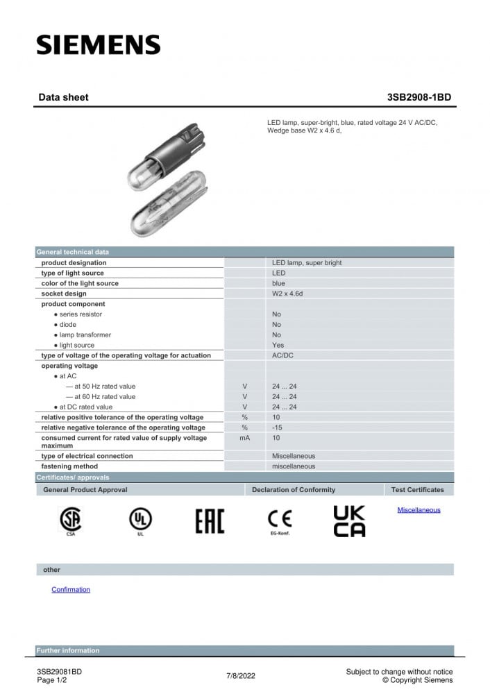 SIEMENS 3SB2908-1BD datasheet page 1
