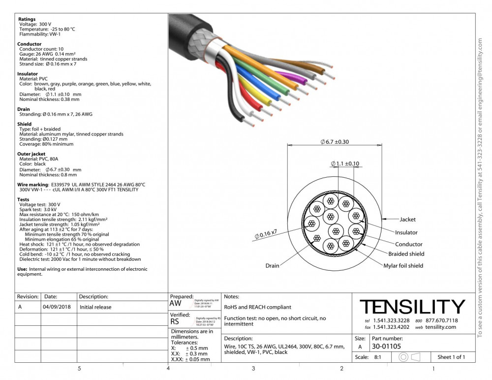 Tensility International 30-01105 cable specification and drawing