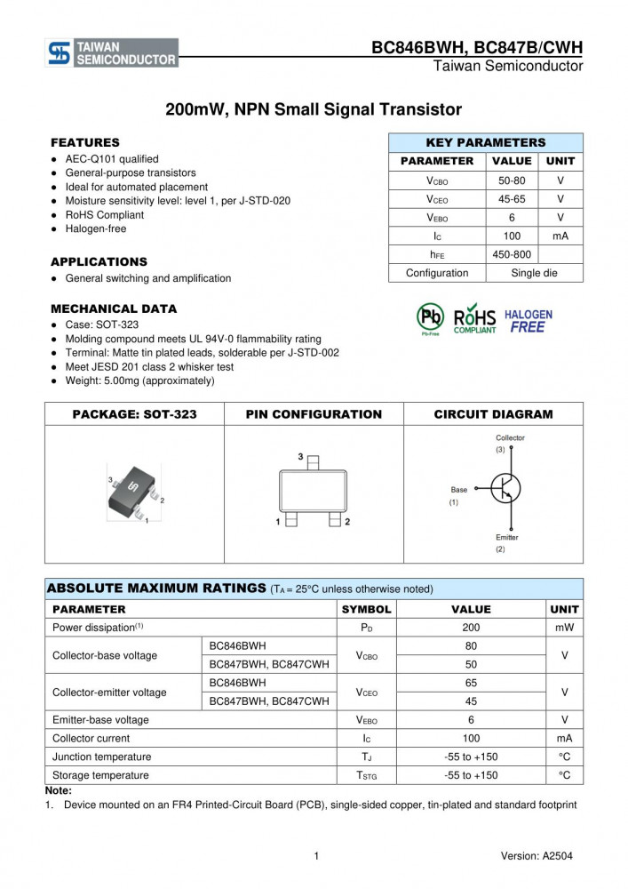 BC847BWH datasheet page 1