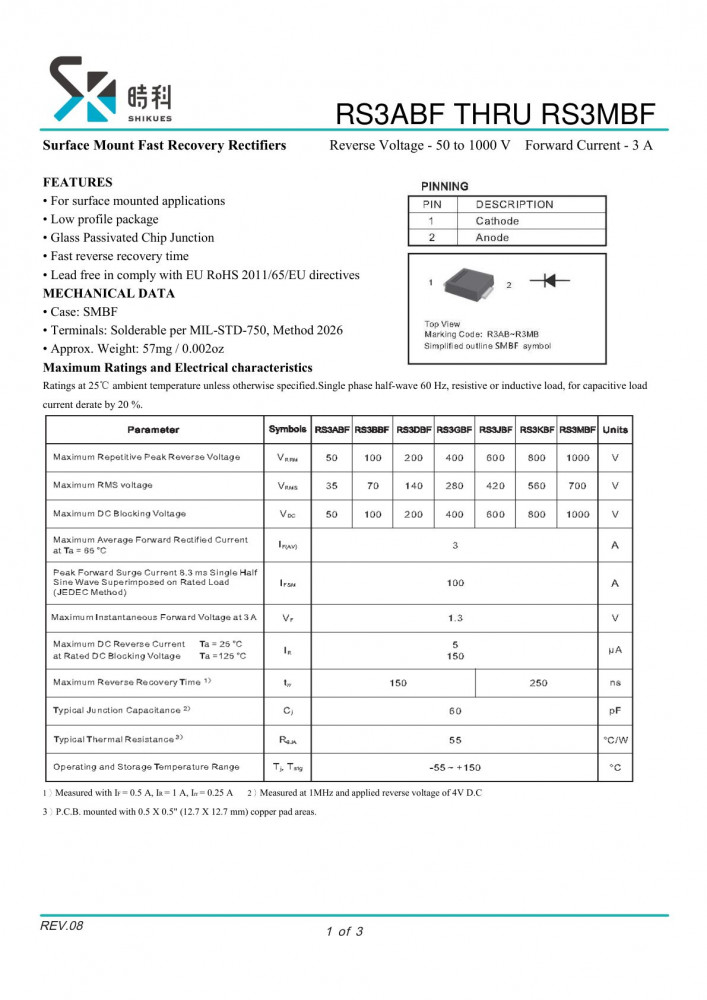 RS3MBF datasheet page 1