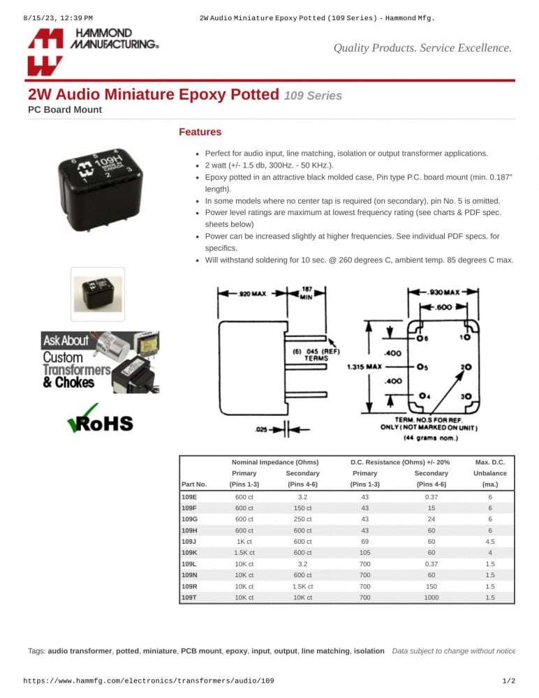 Hammond 109 Series technical document page 1