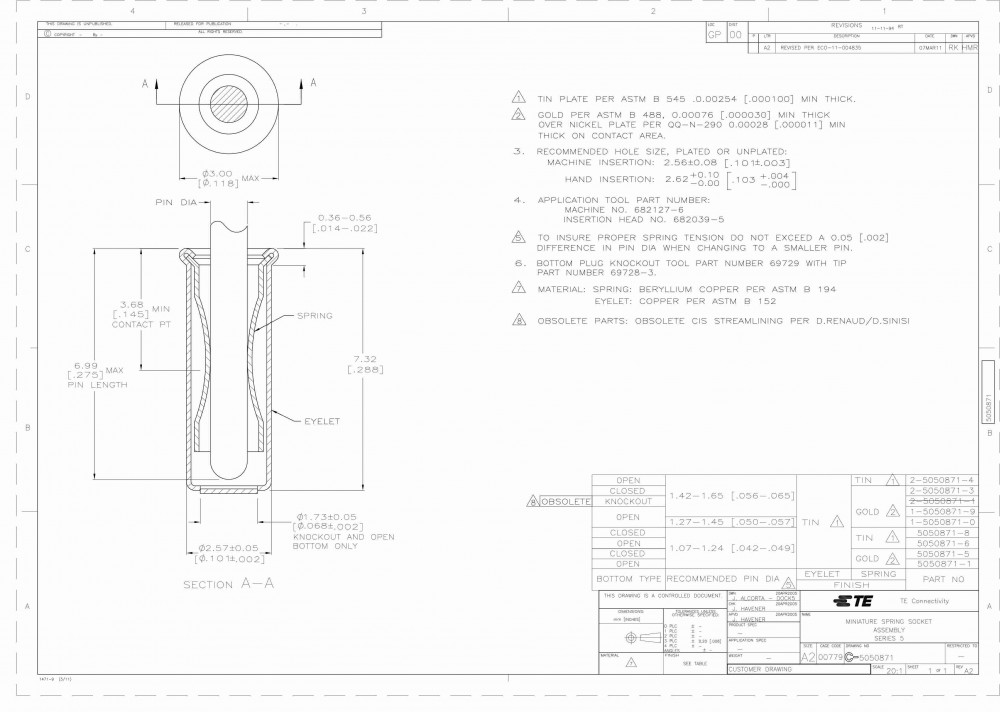 TE Connectivity 5050871 Series 5 miniature spring socket assembly drawing