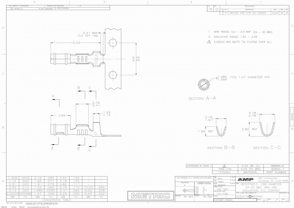 TE Connectivity 60940-2 AMP receptacle controlled drawing