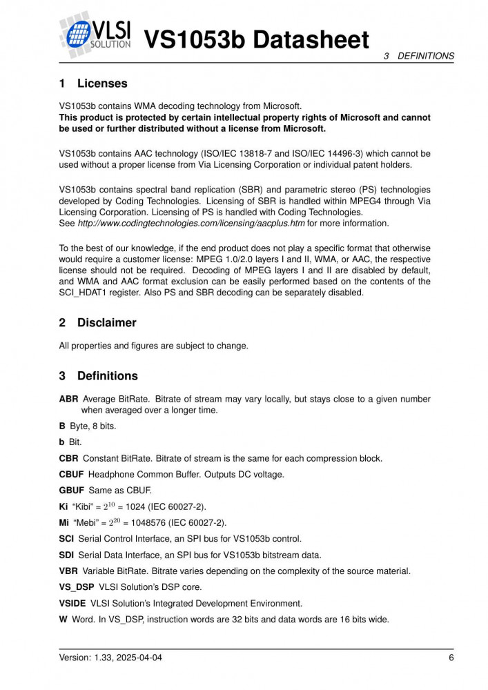 VS1053 datasheet page 6