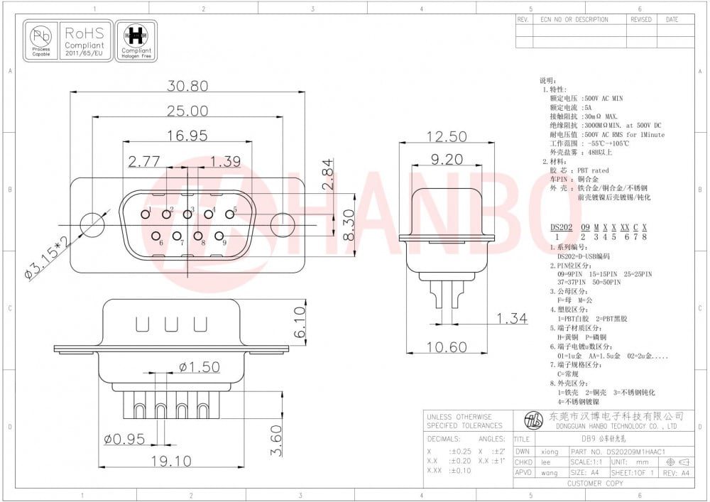 Hanbo Electronic DS20209M1HAAC1 technical drawing
