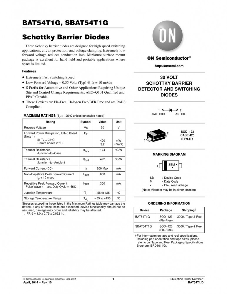 BAT54T1G data sheet page 1
