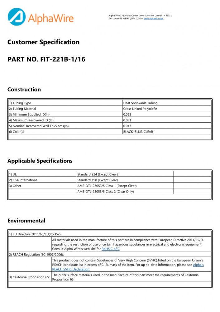 Alpha Wire FIT-221B-1/16 technical document page 1