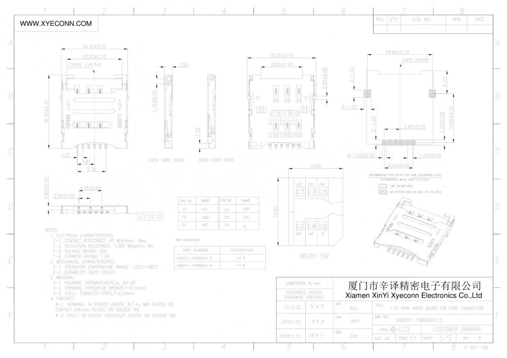 SIM201-FWB6AH1.5 customer drawing page 1