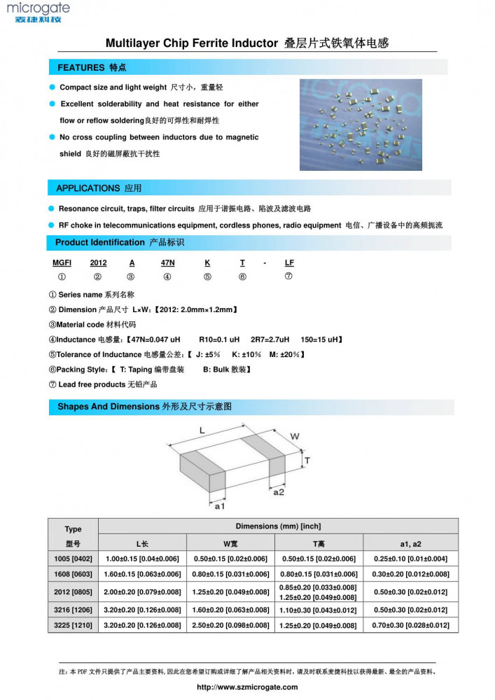 MGFI multilayer chip ferrite inductor datasheet page 1