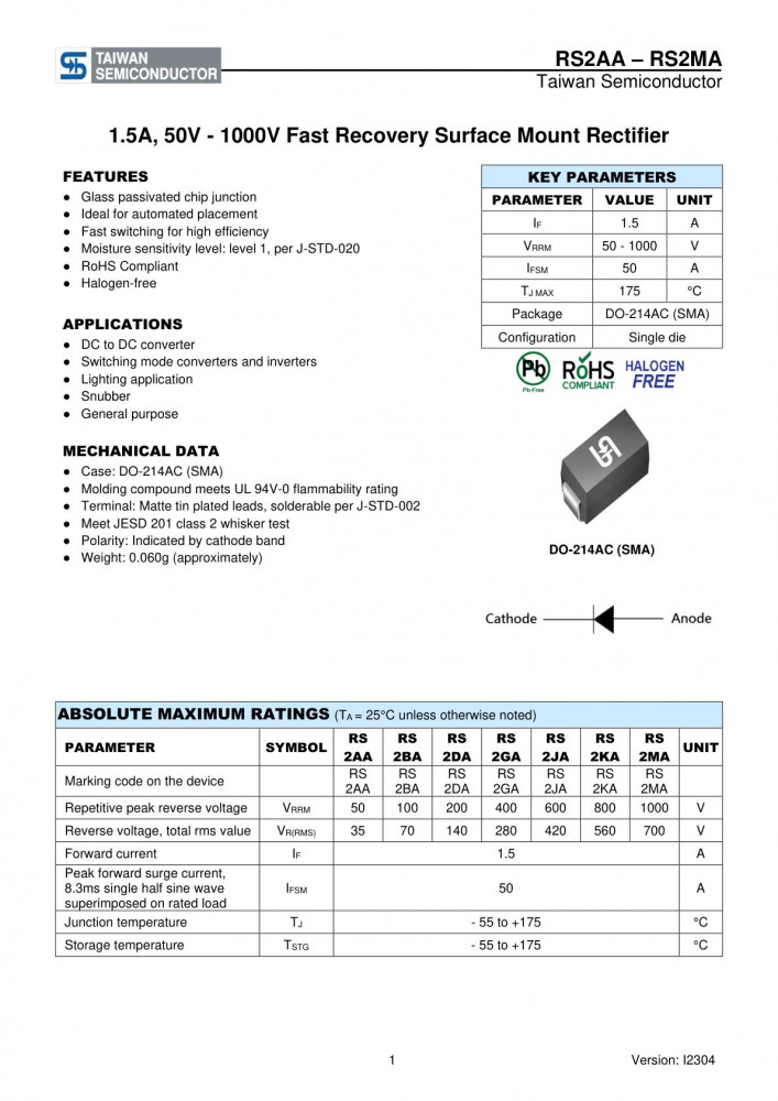 RS2GA datasheet page 1