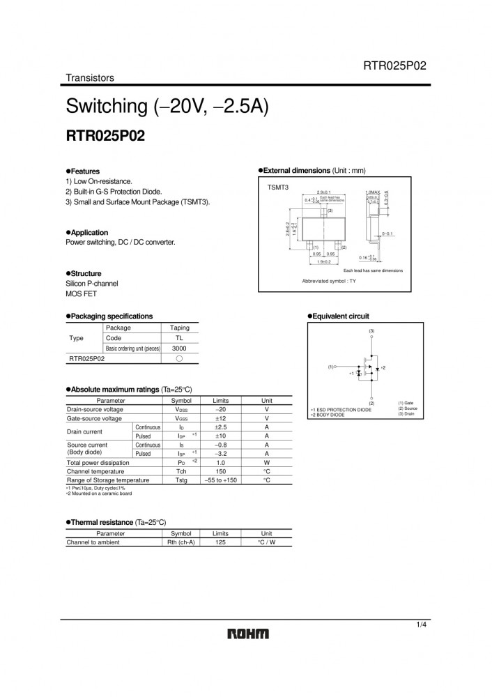 RTR025P02TL technical document page 1