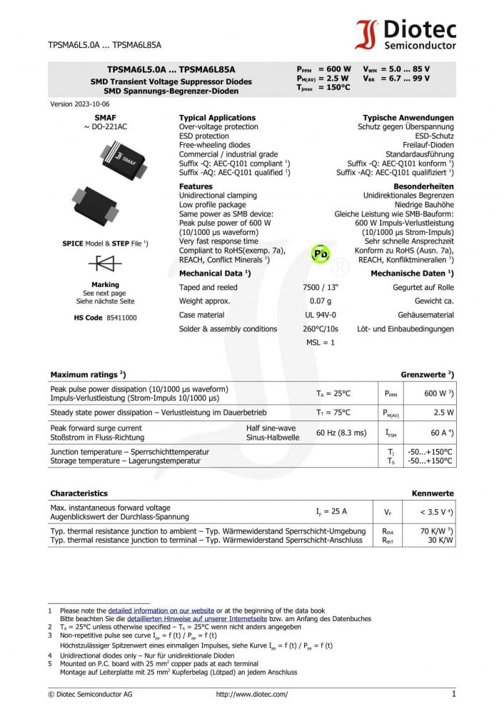 DIOTEC TPSMA6L13A-AQ datasheet page 1
