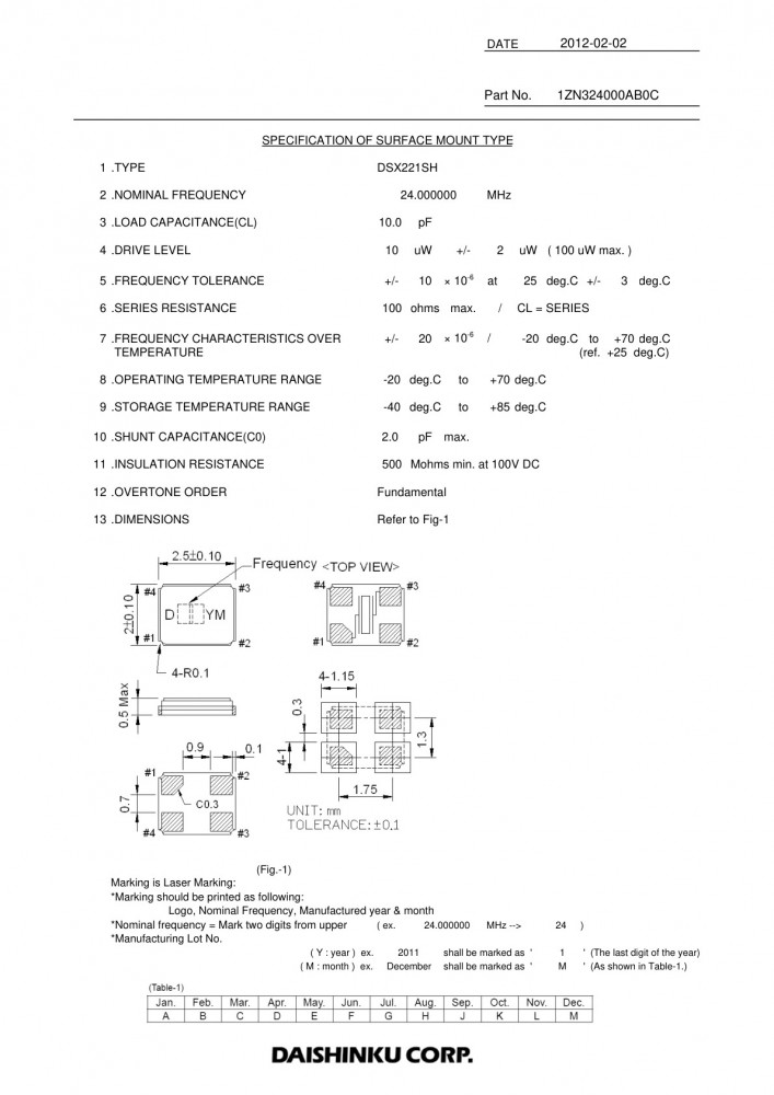 KDS DSX221SH specification drawing and marking information