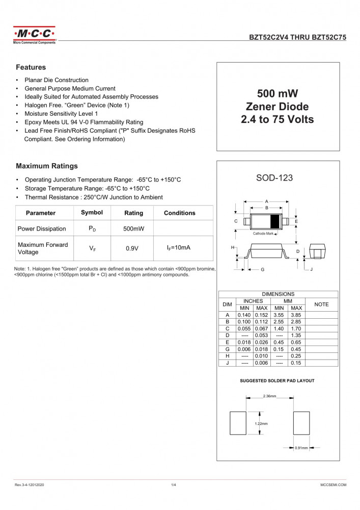 BZT52C39-TP datasheet page 1