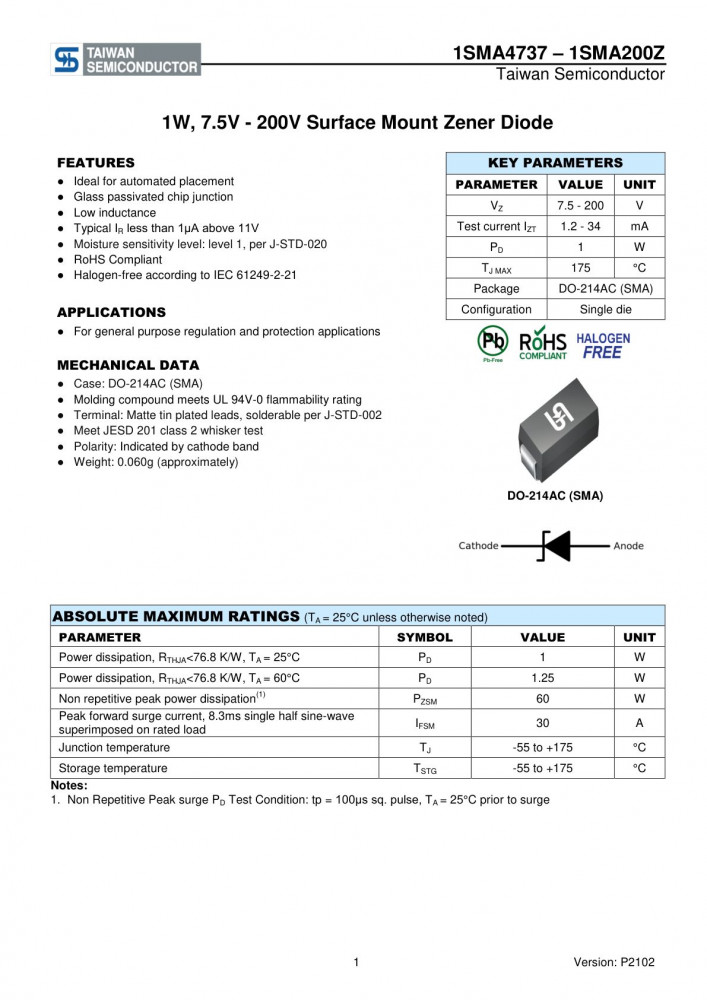 Taiwan Semiconductor Zener diode datasheet page 1