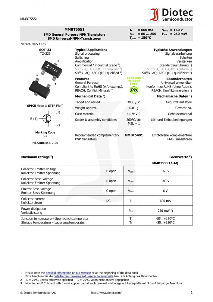 MMBT5551-AQ technical document page 1