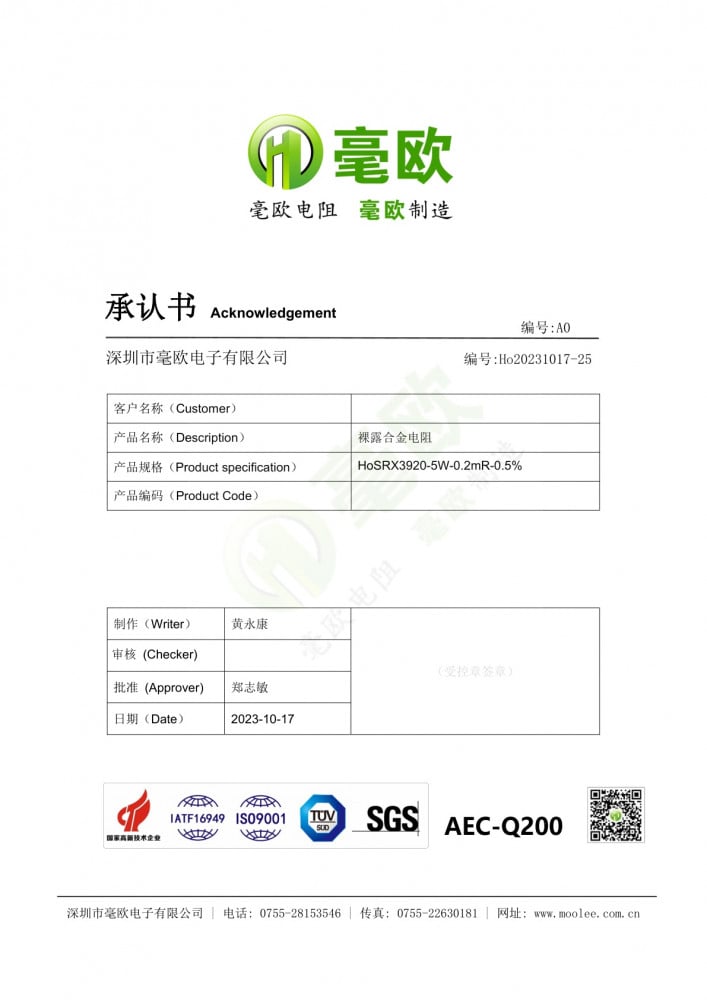 Milliohm HoSRX3920 product document page 1