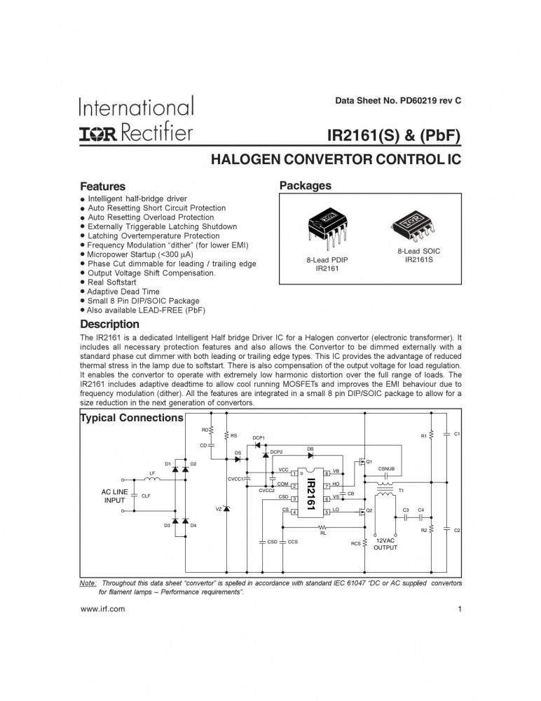 IR2161PBF datasheet page 1