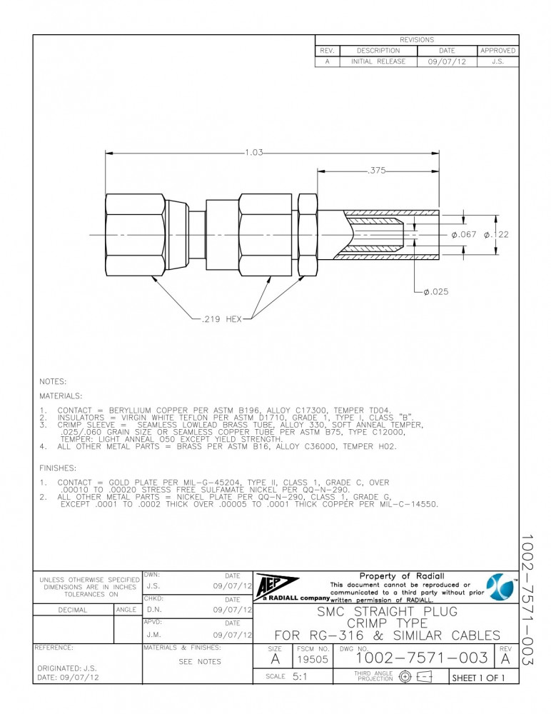 Radiall 1002-7571-003 product drawing