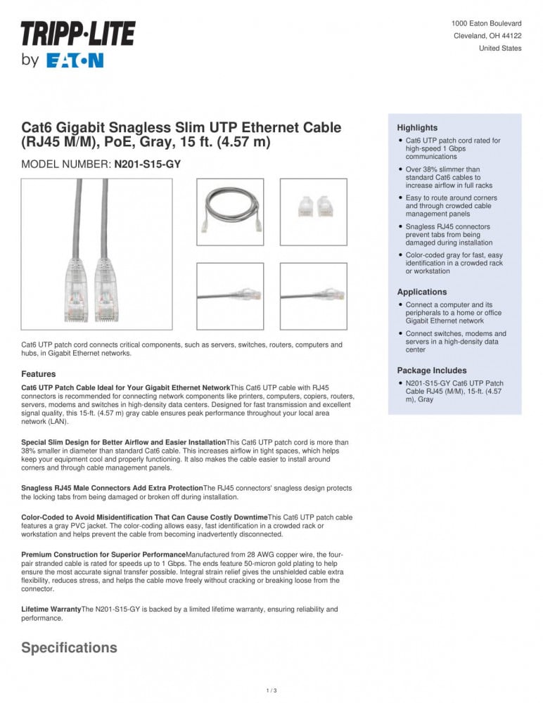 EATON N201-S15-GY technical document page 1