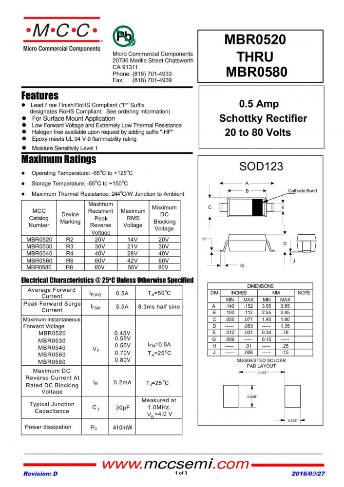 MCC MBR0560-TP datasheet page 1
