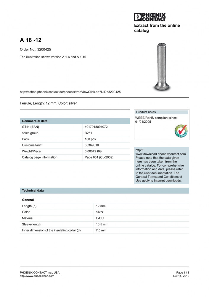 Phoenix Contact 3200425 technical document page 1