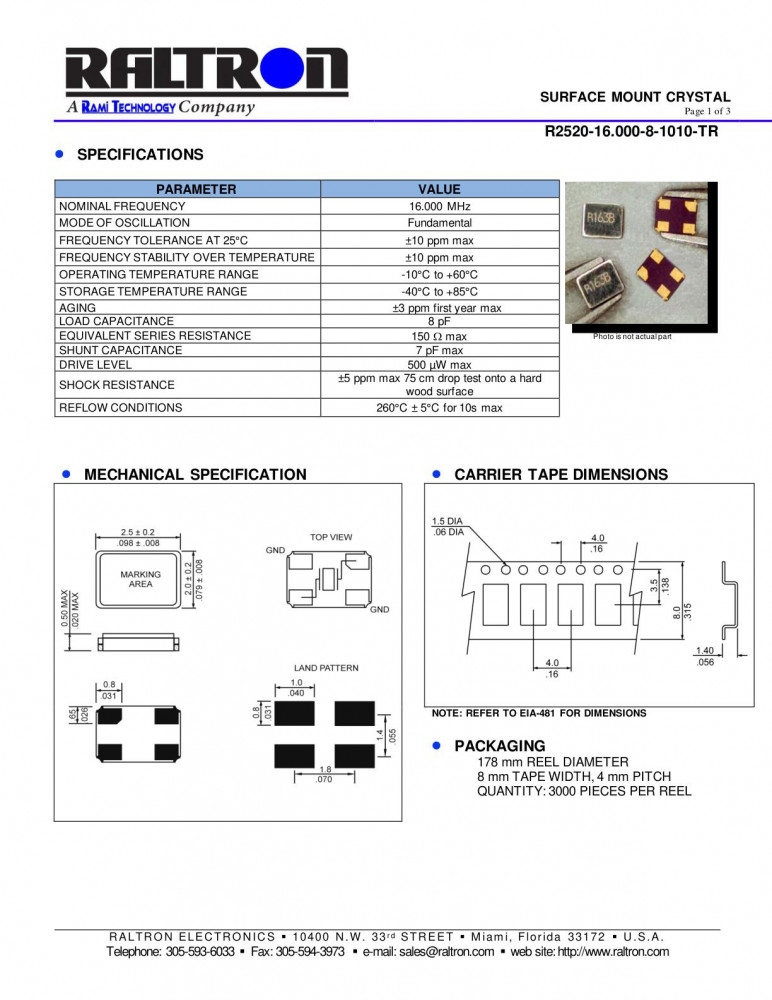Raltron R2520-16.000-8-1010-TR technical document page 1