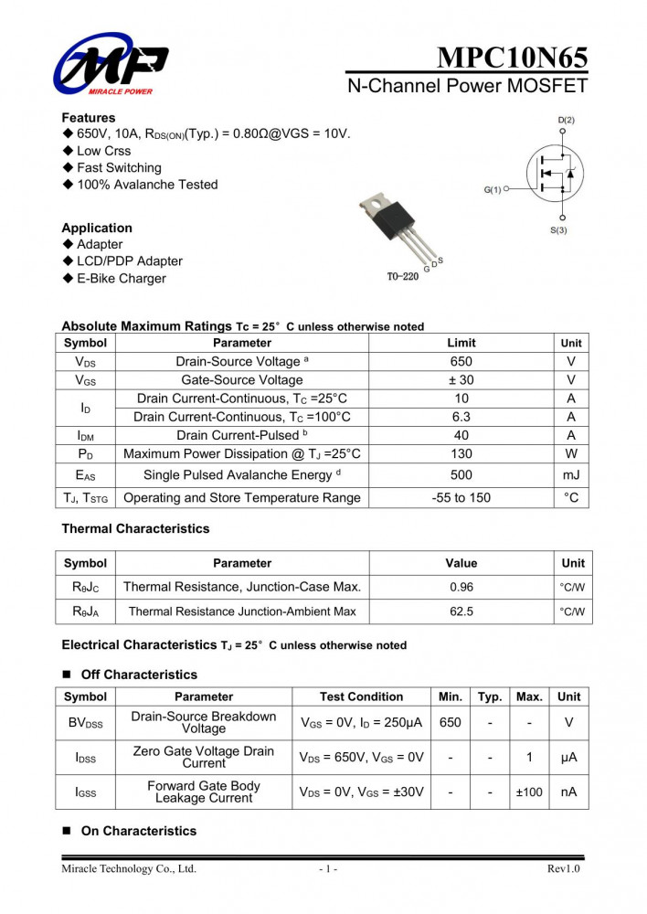 MPC10N65 datasheet page 1