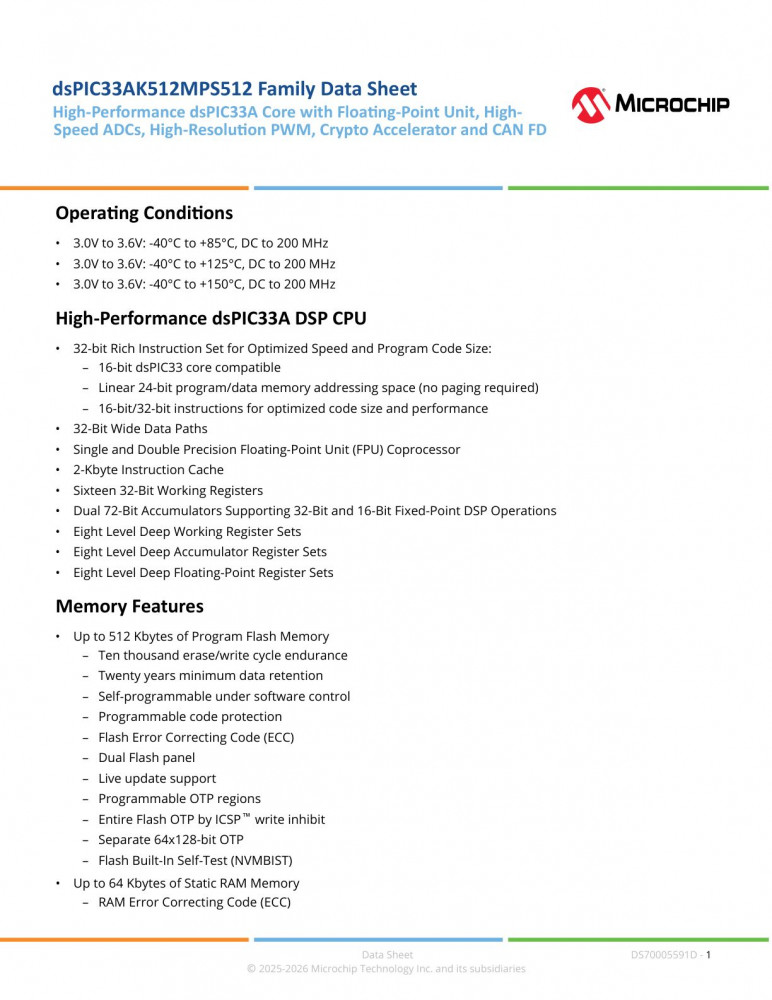 dsPIC33AK512MPS505 technical document preview, page 1