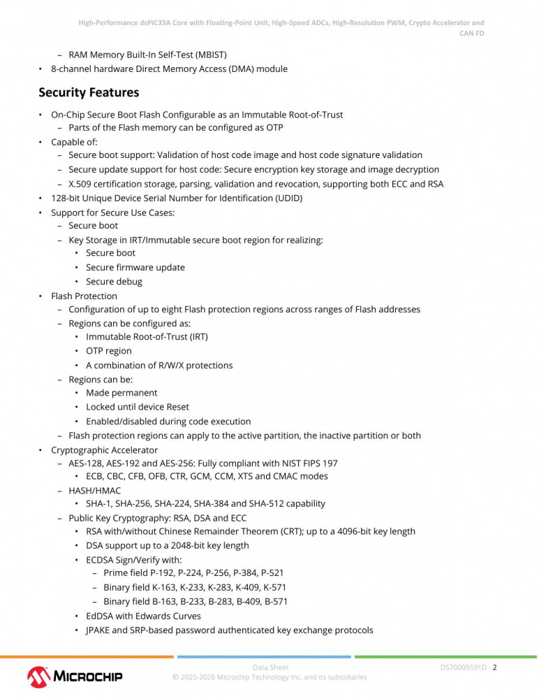 dsPIC33AK512MPS505 technical document preview, page 2