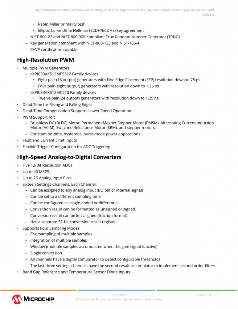 dsPIC33AK512MPS505 technical document preview, page 3