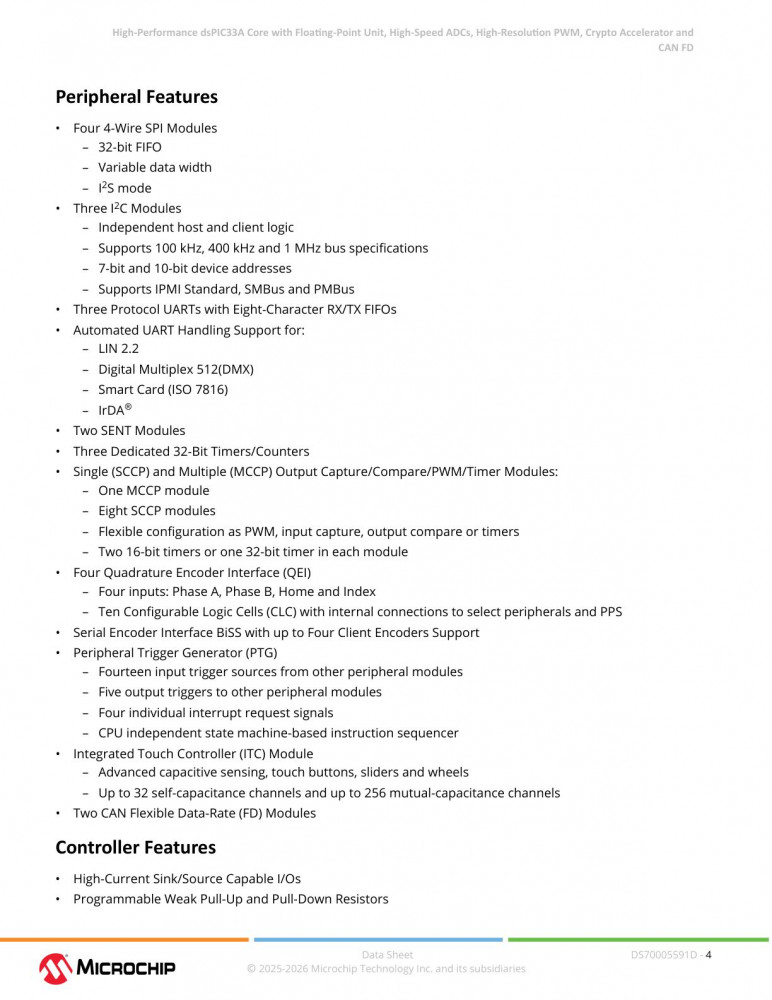 dsPIC33AK512MPS505 technical document preview, page 4