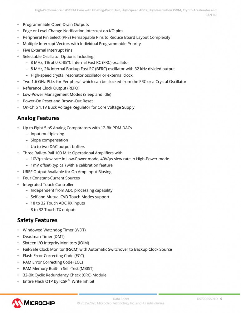 dsPIC33AK512MPS505 technical document preview, page 5