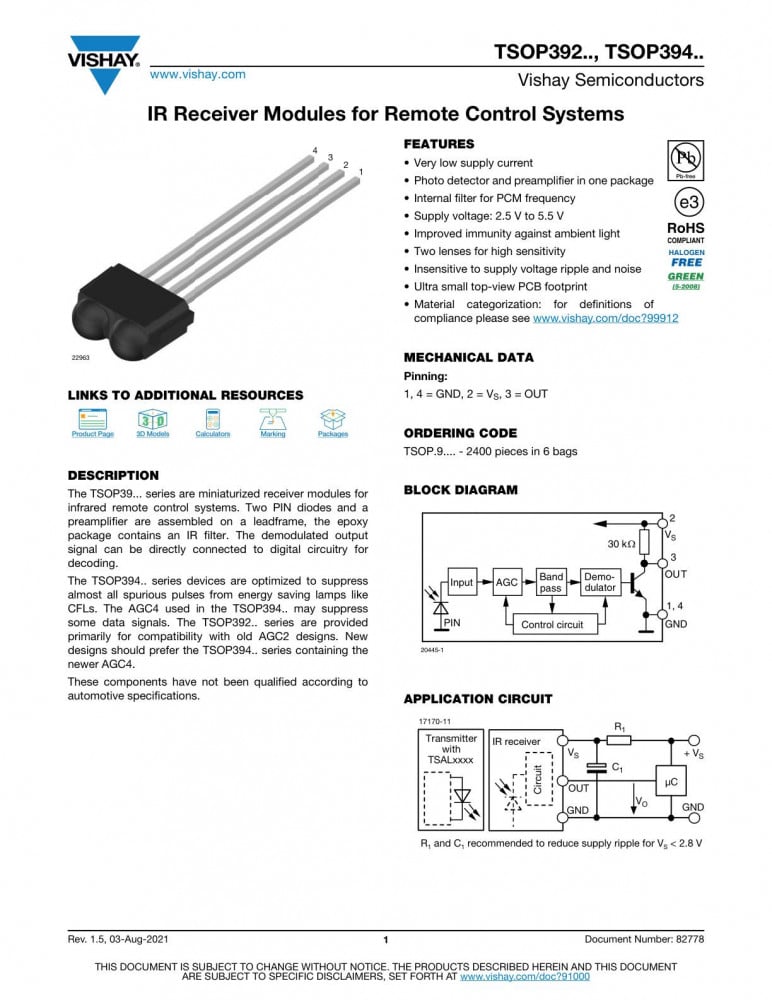 TSOP39240 datasheet page 1