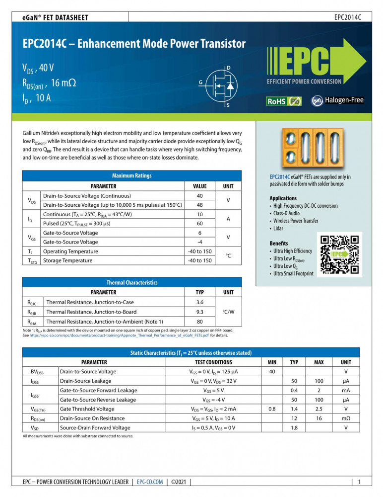 EPC2014C datasheet page 1
