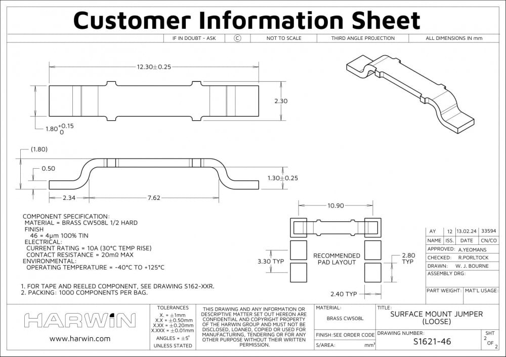 Harwin S1621-46 customer information sheet preview
