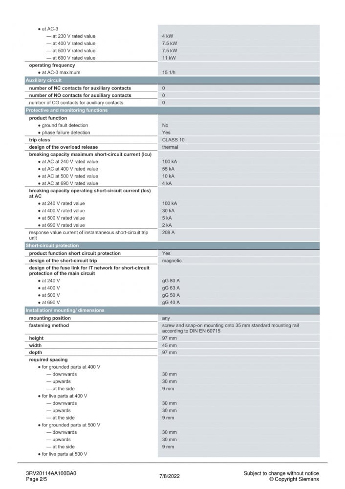SIEMENS 3RV20114AA100BA0 datasheet page 2
