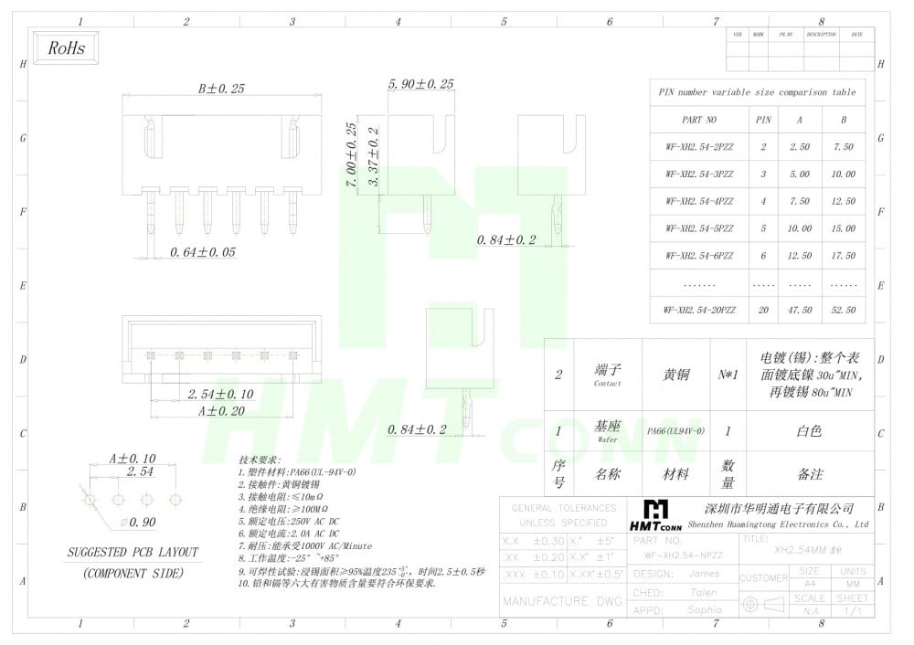 HMTCONN WF-XH2.54-5PZZ technical document preview