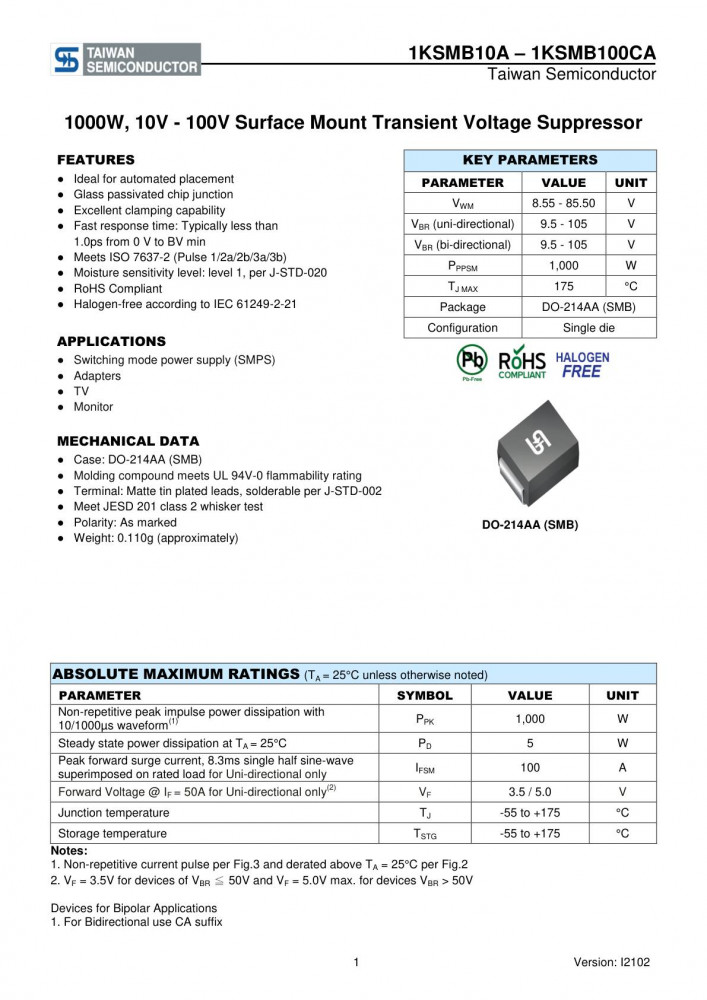1KSMB15A datasheet page 1