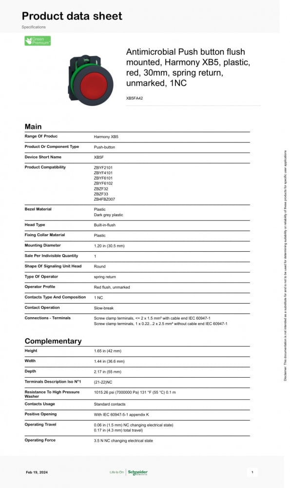 XB5FA42 technical document page 1