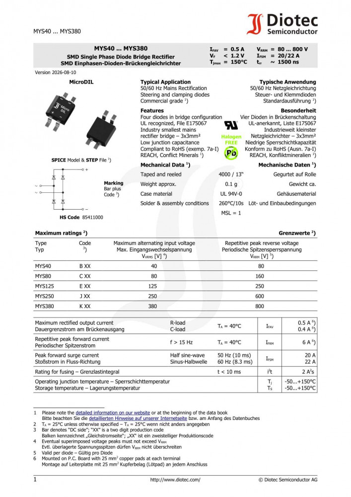 DIOTEC MYS series datasheet page 1