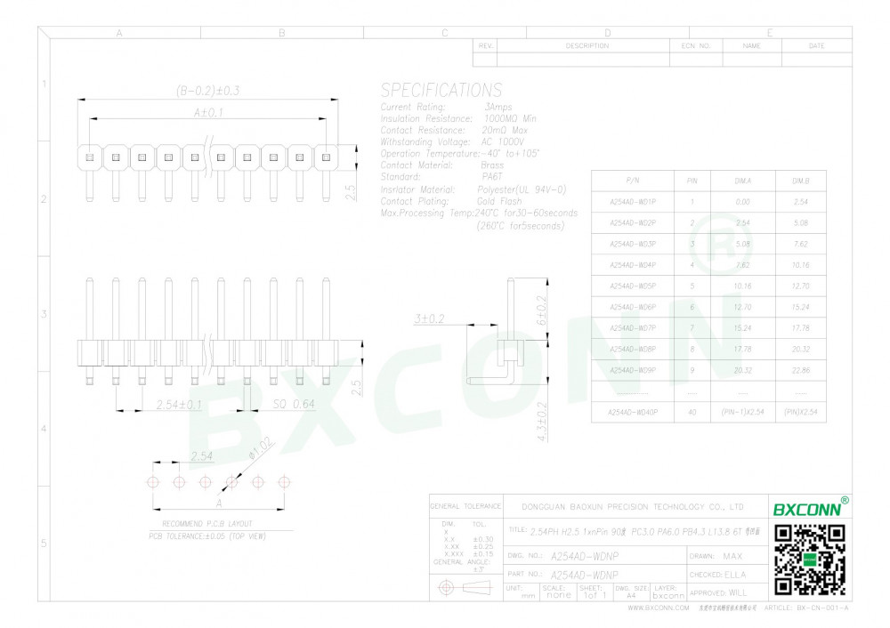 BXCONN A254AD-WDNP product drawing and specifications