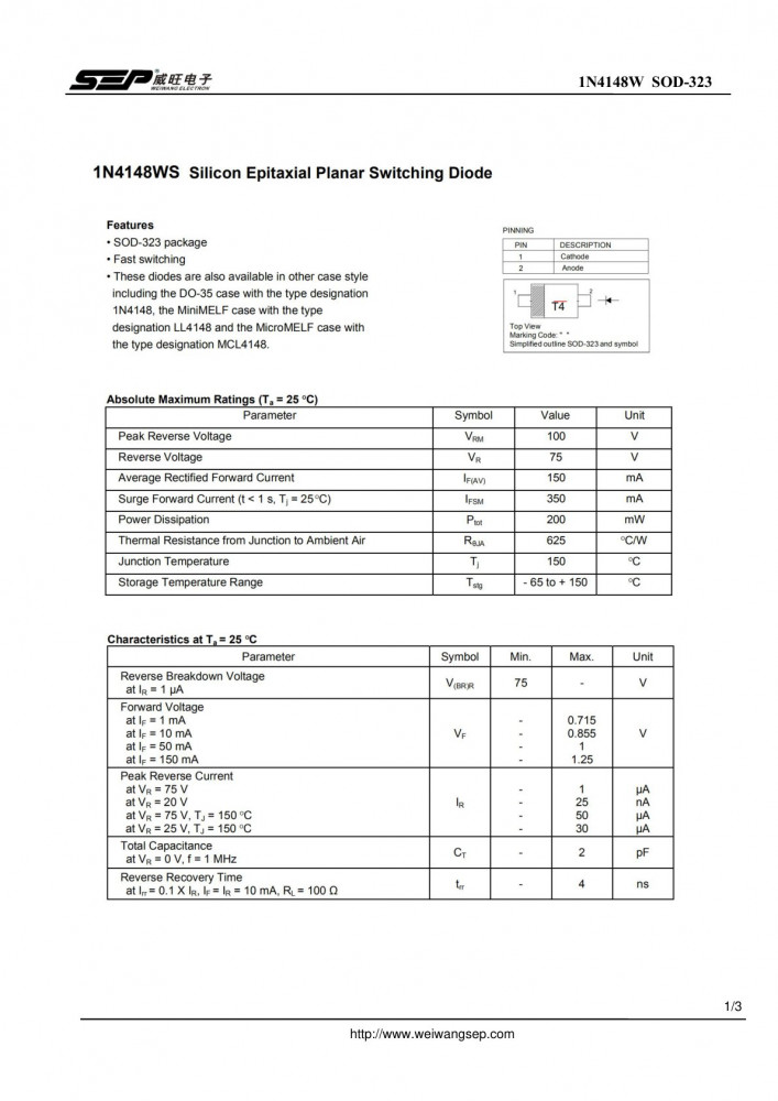 1N4148WS technical document page 1