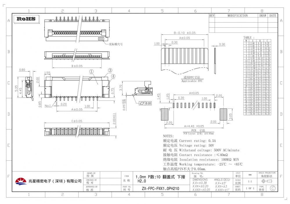 Megastar ZX-FPC-FWX1.0PH210 technical drawing