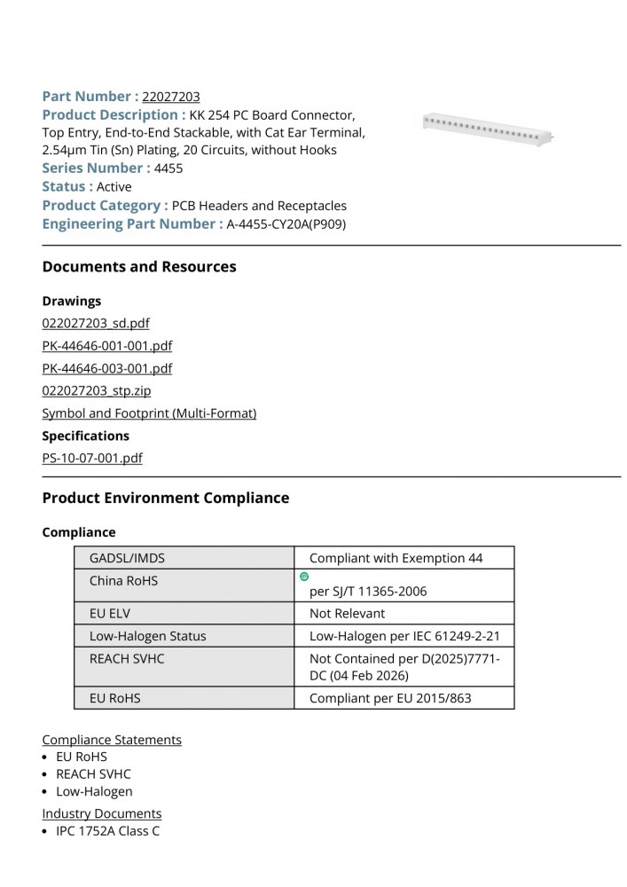 MOLEX 22027203 technical document image, page 1