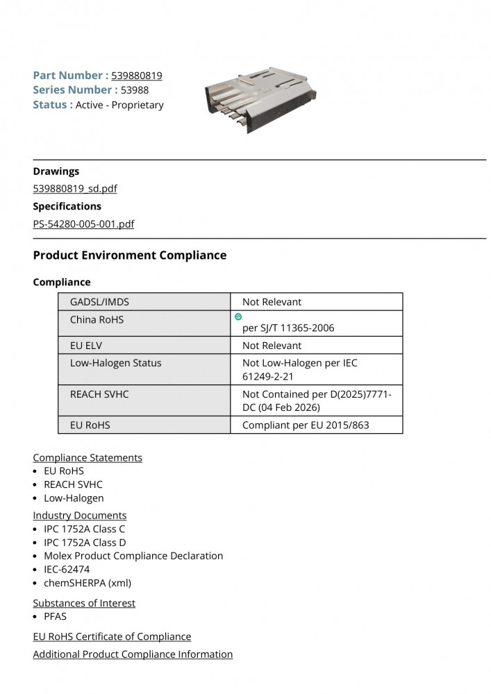 MOLEX 539880819 technical document page 1